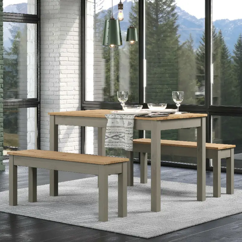 Pine and Grey Table & 2 Benches Large Dining Set